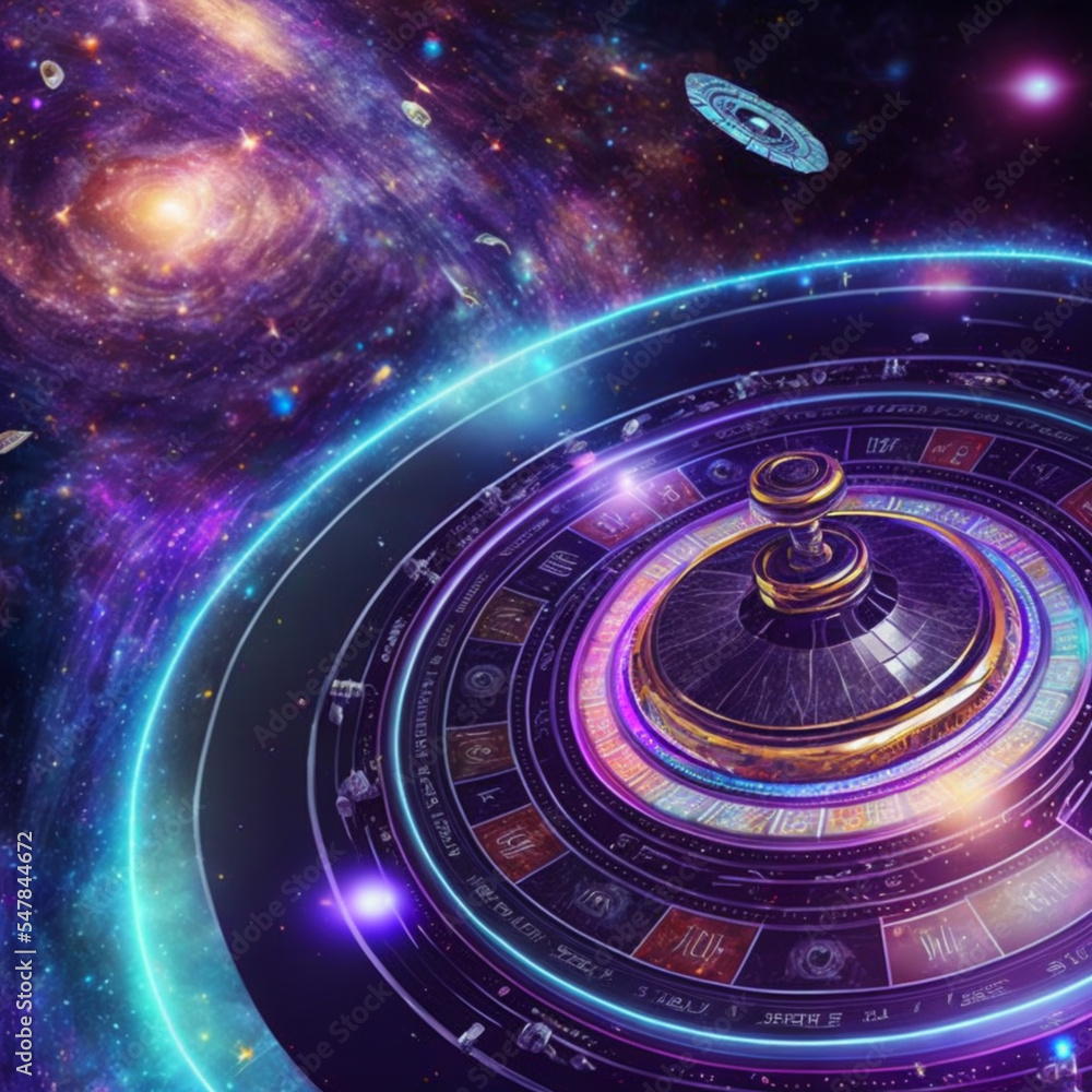 Roulette table as a galaxy out in space, planets orbit nearby and ...