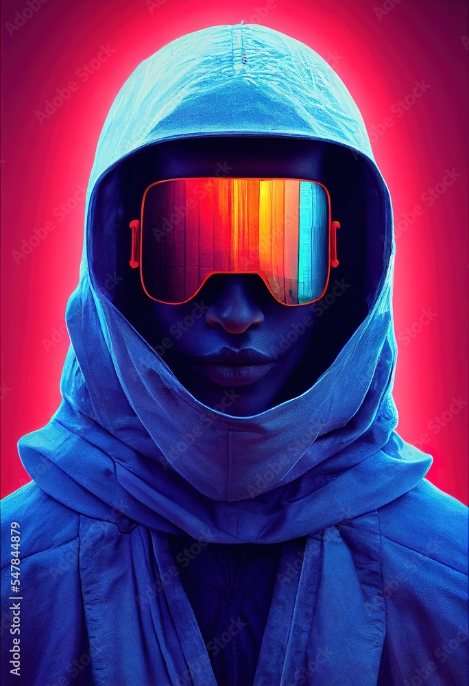 Unrecognisable person in multicolor visor on the face, and hood on the ...