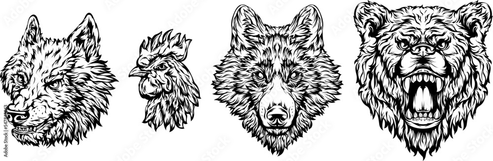 Head of rooster, bear, dog, wolf. Abstract character illustration ...