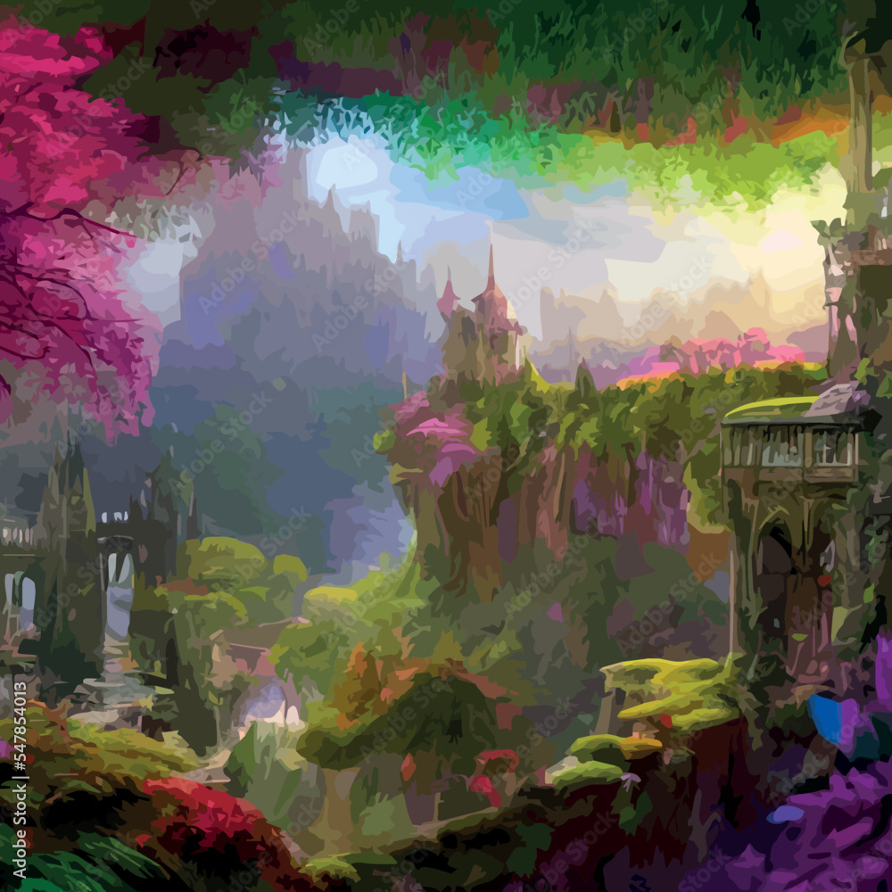 Fantasy Castle in an enchanted garden, Fairy tale landscape, magnificent scenery. Original ...