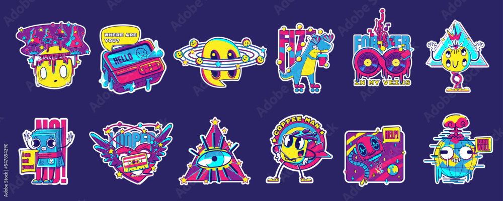 Psychedelic retro rave stickers with coffee man, pager and retro audio ...