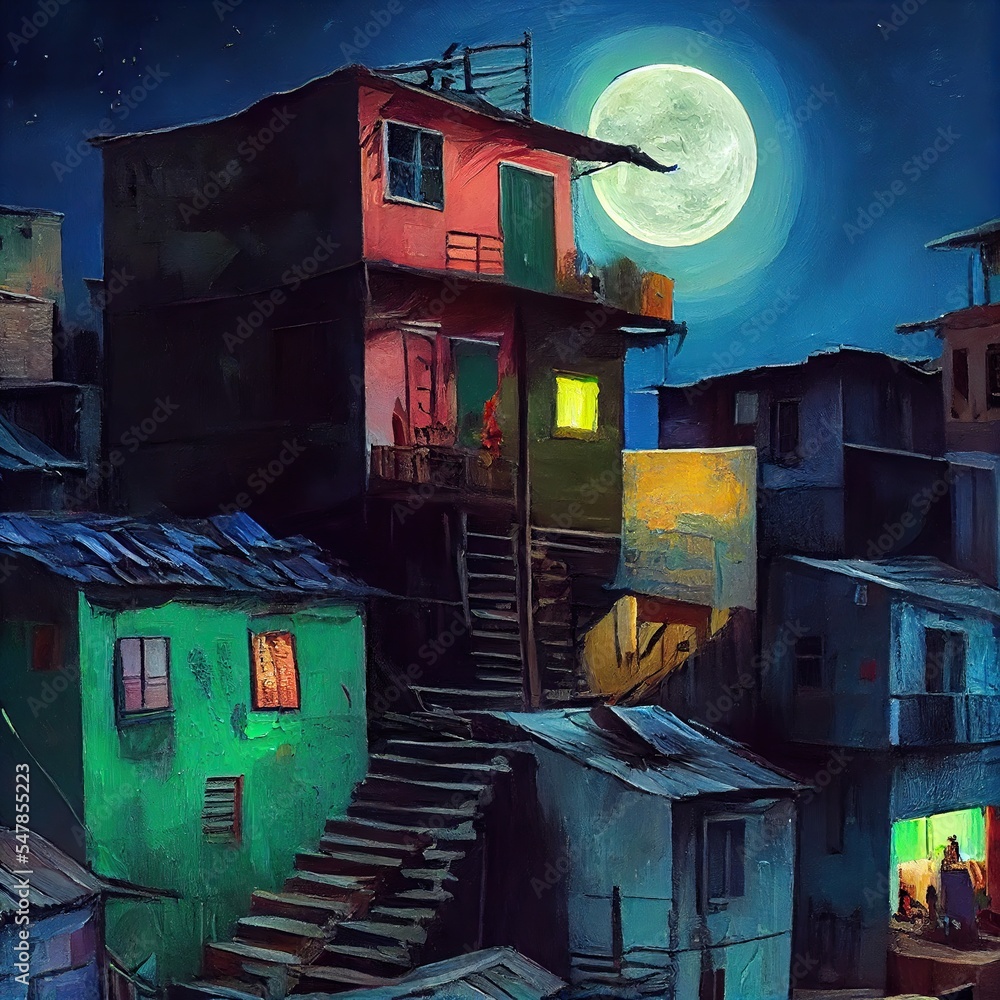 Colorful and vibrant shantytown at midnight full moon. Overpopulated ...