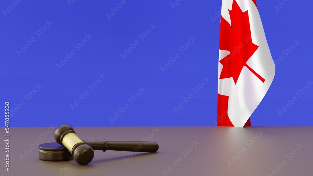Court or judgment of Canada. Flag and wooden gavel of the judge on the ...
