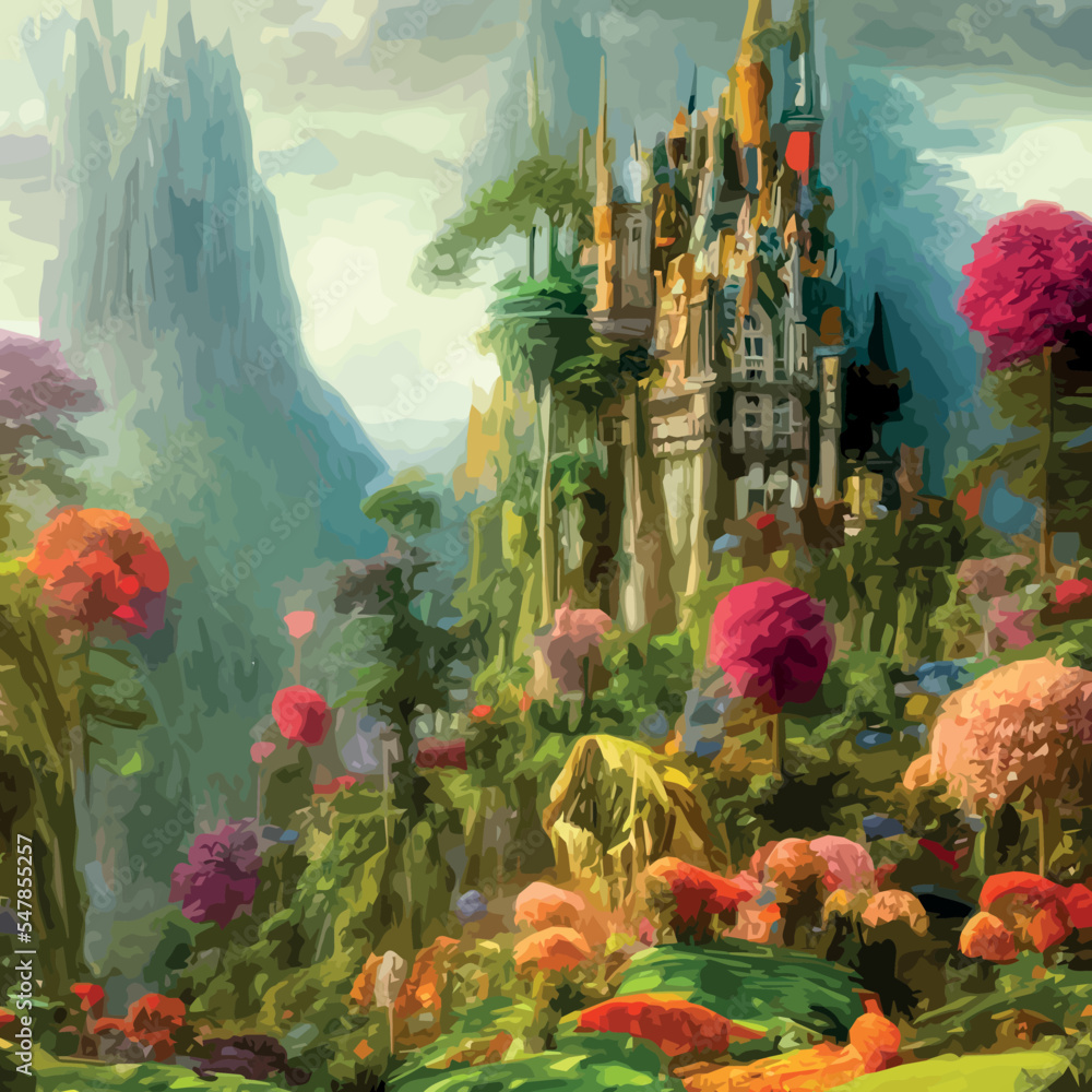 Fantasy Castle in an enchanted garden, Fairy tale landscape, magnificent scenery. Original ...