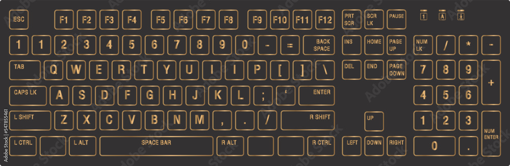 Vector golden black computer keyboard drawing. Luxury style. Stock ...