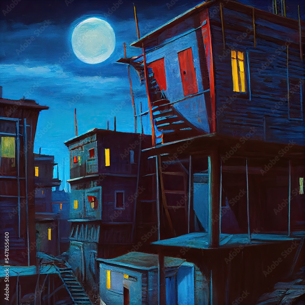 Colorful and vibrant shantytown at midnight full moon. Overpopulated ...
