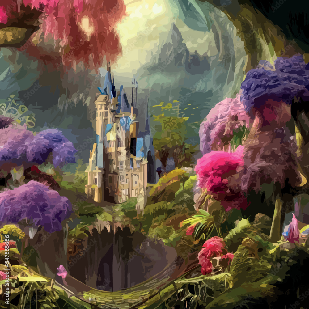 Fantasy Castle in an enchanted garden, Fairy tale landscape ...