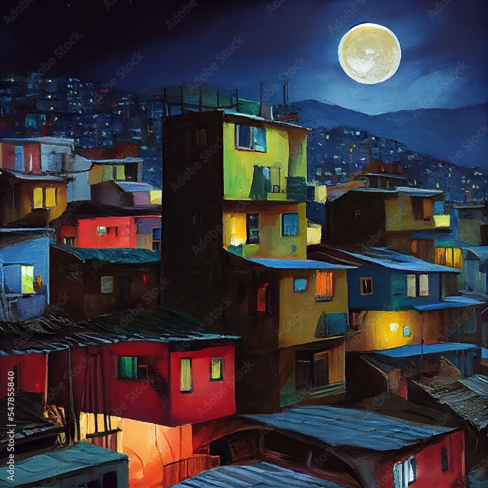 Colorful and vibrant shantytown at midnight full moon. Overpopulated ...