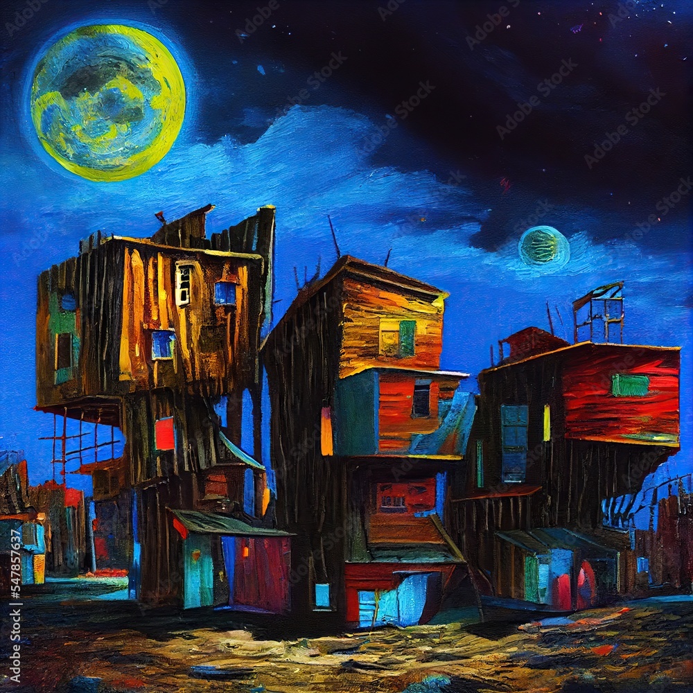 Colorful and vibrant shantytown at midnight full moon. Overpopulated ...