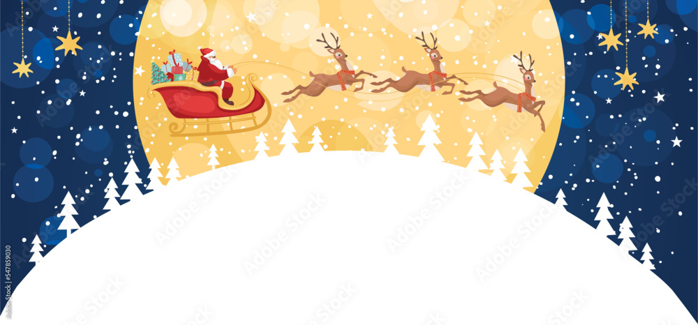 Christmas banner with Santa Claus flying sleigh, vector flat cartoon ...