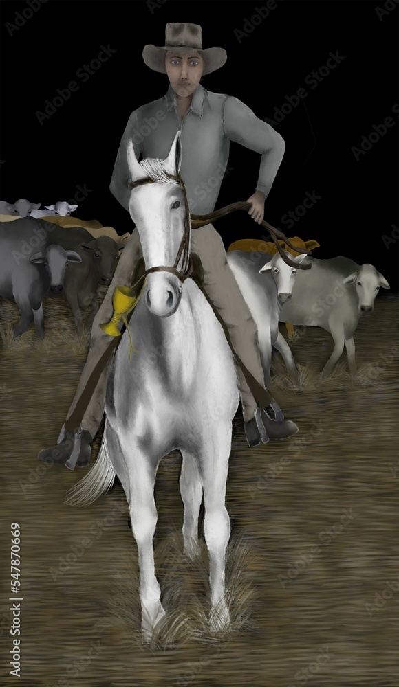 ภาพประกอบสต็อก Young Australian stockman bringing in the cattle on ...