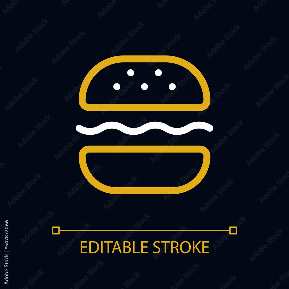 Burger pixel perfect color linear ui icon for dark theme. Substantial meal. Fast food lunch ...