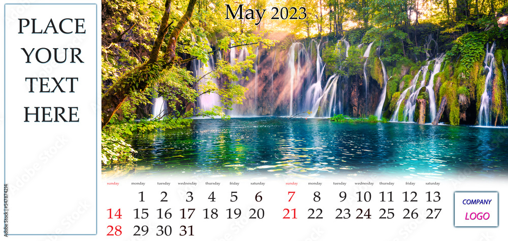 May 2023. Desktop monthly calendar template with place logo and contact ...