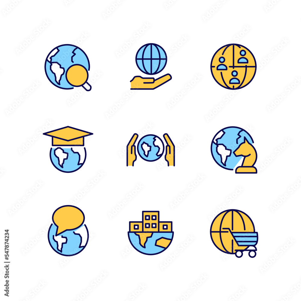 Global relationships pixel perfect RGB color icons set. International ...