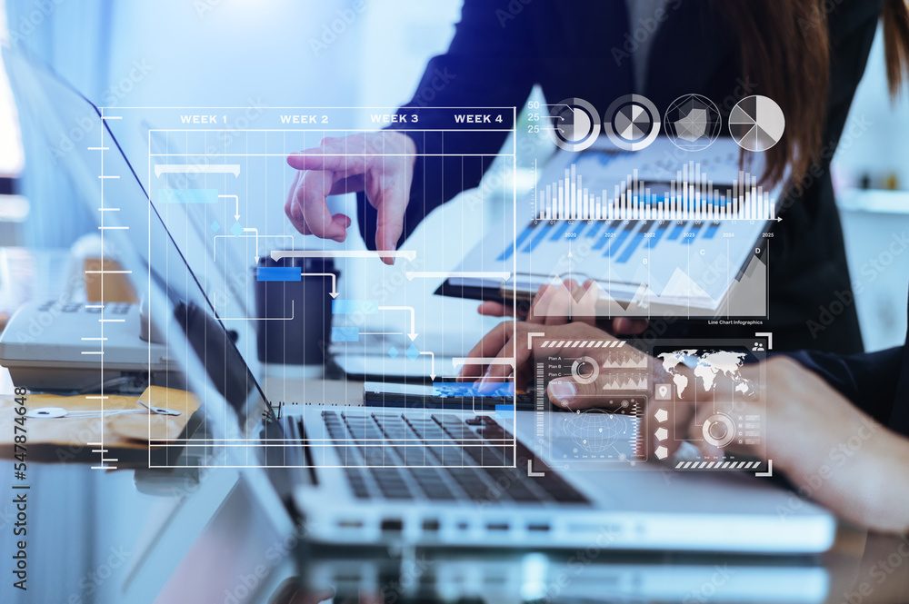 Businessman hand Project manager working and update tasks and Gantt ...