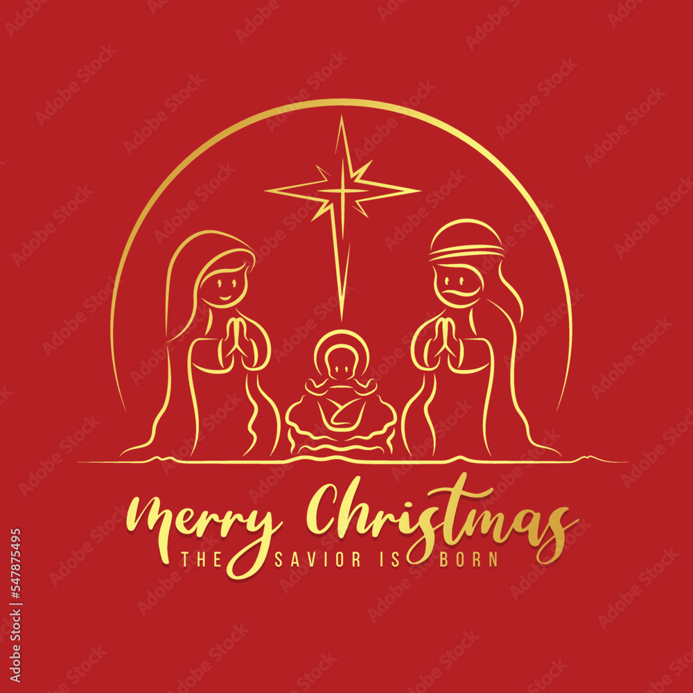 Merry Christmas, the savior is born - Gold line drawing cute charactor ...