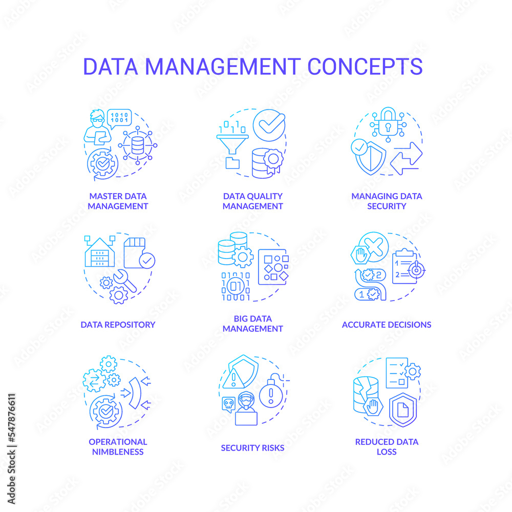 Data Management Blue Gradient Concept Icons Set Information Storage System Database Governance