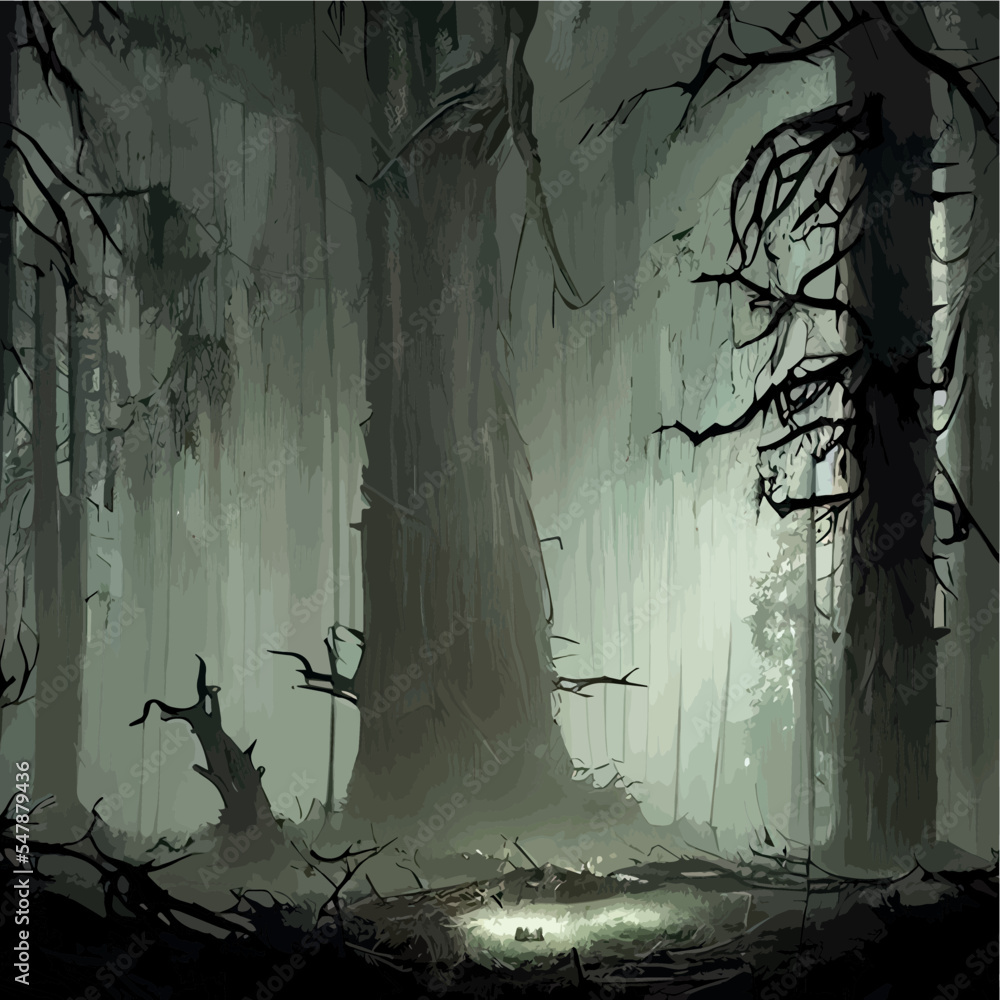 Vector cryptic illustration with house, forests with blue fog ...