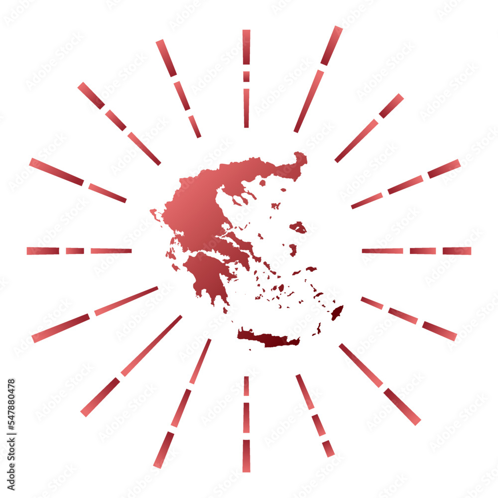 Greece gradiented sunburst. Map of the country with colorful star rays ...