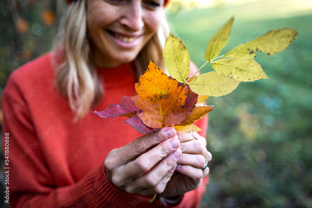 Mature woman holding autumn leaves Stock Photo | Adobe Stock
