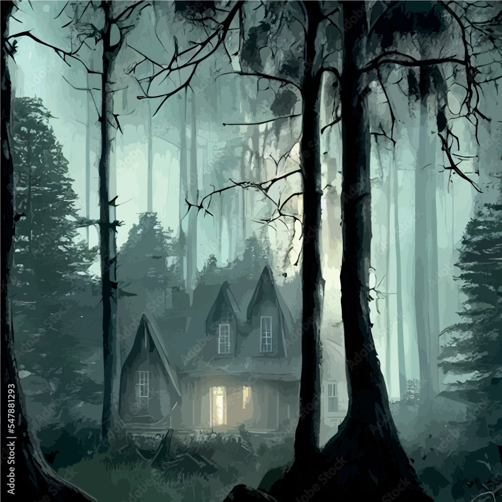 Vector cryptic illustration with house, forests with blue fog ...