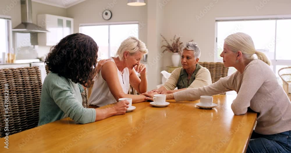 Crying, support and senior woman with friends in home talking, holding ...