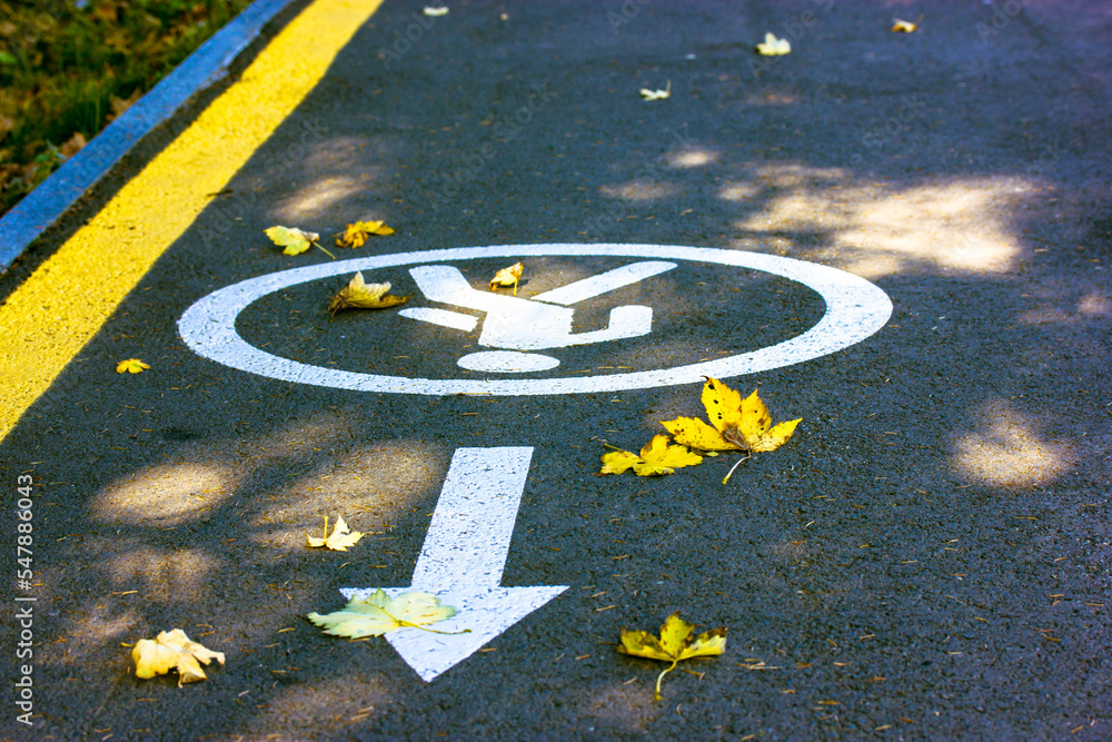 Asphalted road, path with yellow markings, circular pictogram sign with ...
