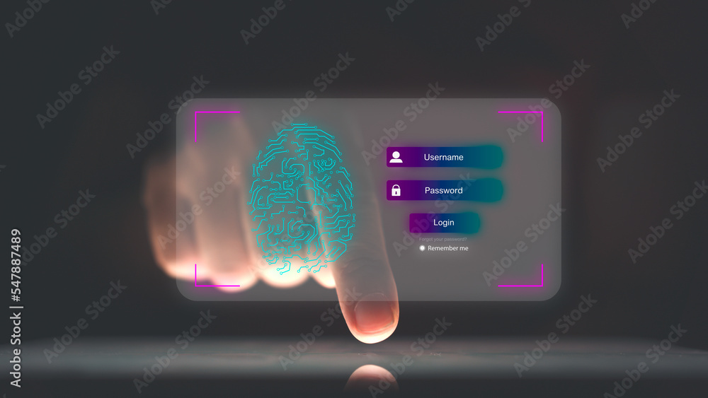 finger pointing on screen to access the system , futuristic digital ...