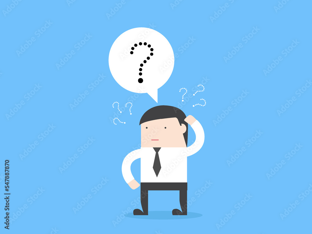 Businessman don’t understand with question mark in speech bubble sign ...