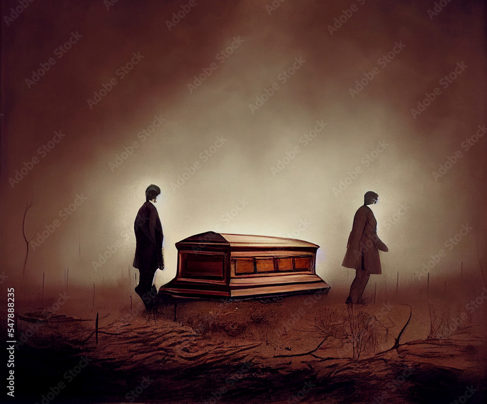 Coffin with the deceased and grieving relatives. Death, widowhood, and ...