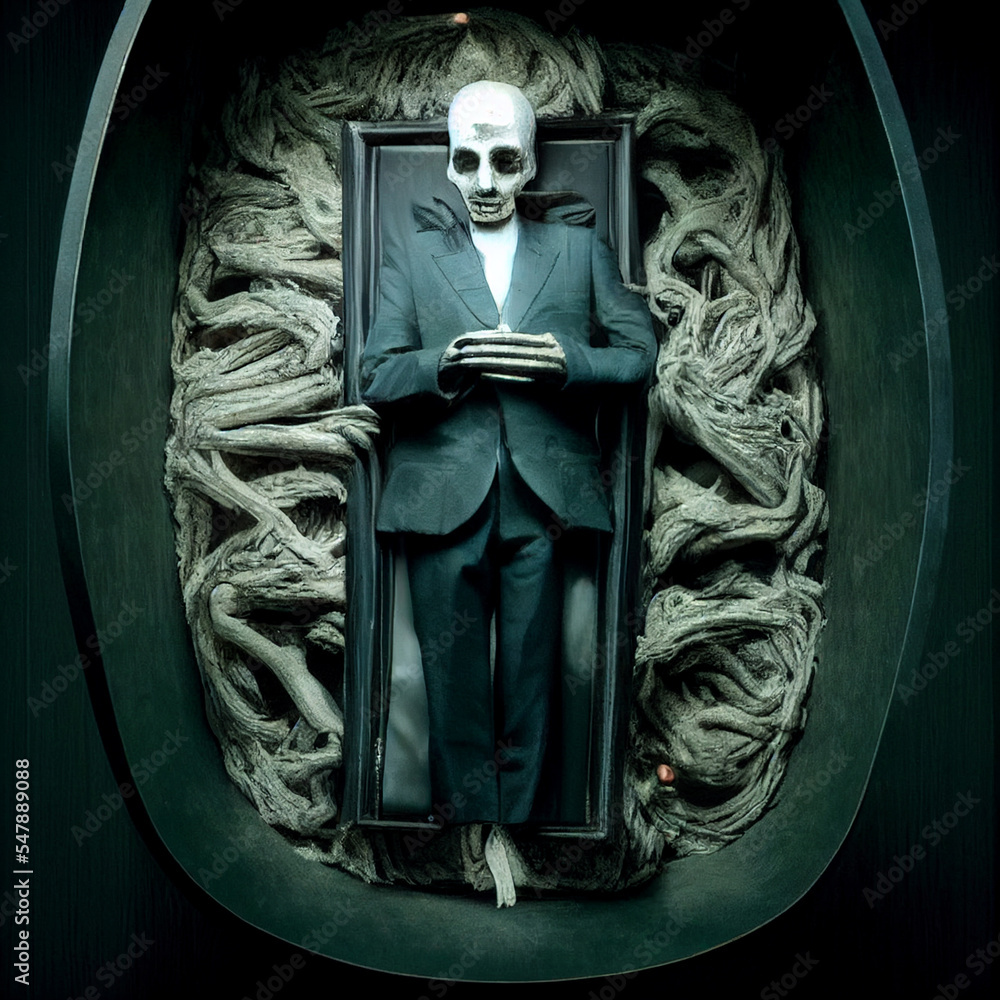 A decomposed corpse lies in a coffin. Skeleton of a decomposed man ...