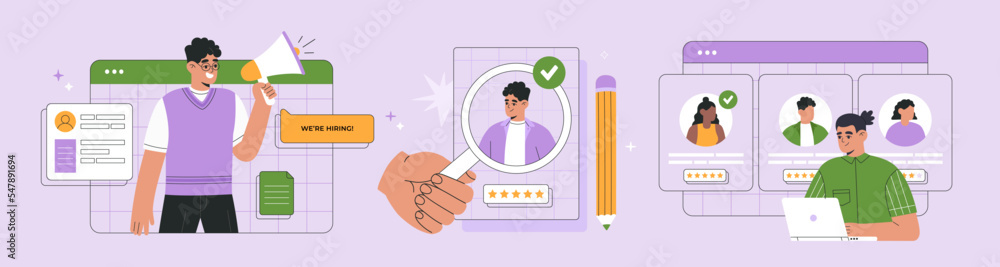 Hiring, recruiting agency vector illustration set. Hr managers team ...