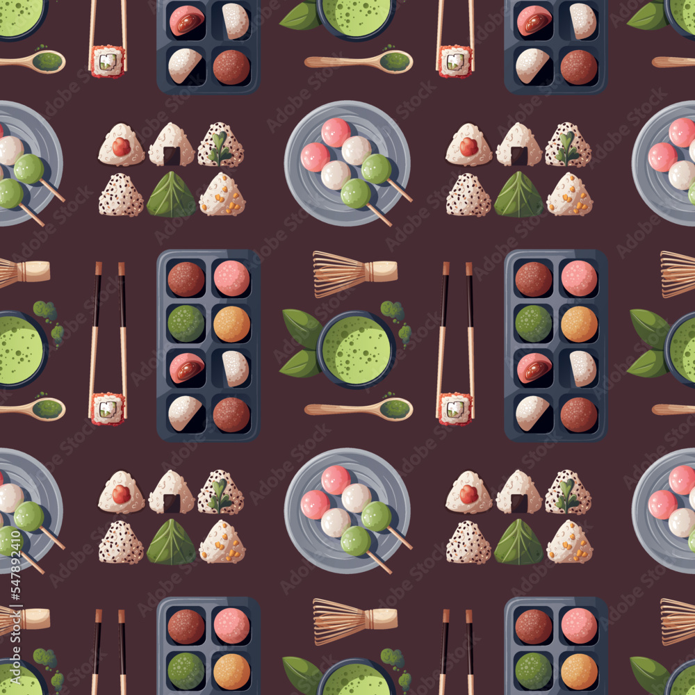 Seamless pattern with colorful Sweet Mochi, dango, matcha tea, onigiri ...