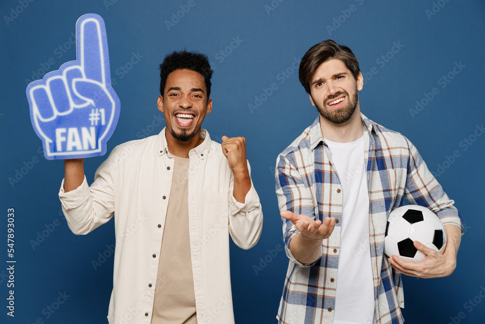 Young two fan friends sad men wear shirts foam glove finger up together ...