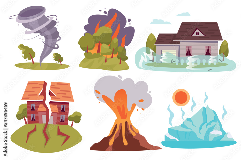 Natural disasters isolated elements set in flat design. Vector ... Natural disasters isolated elements set in flat design. Vector ...