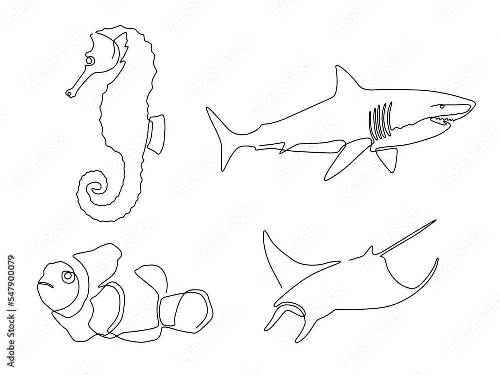 Set of sea animal line art on white background. seahorse, shark ...