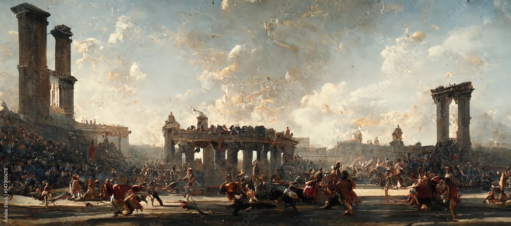 Photo & Art Print Gladiators fight in a colosseum, Gasi
