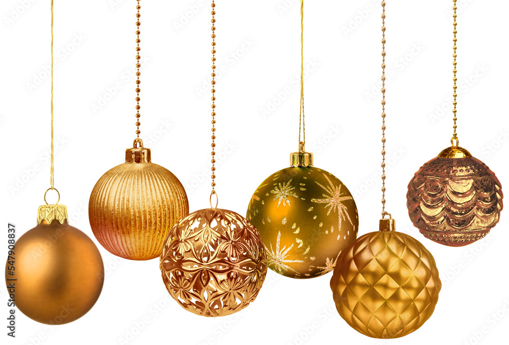 Six golden color decoration Christmas balls variation collection set ...