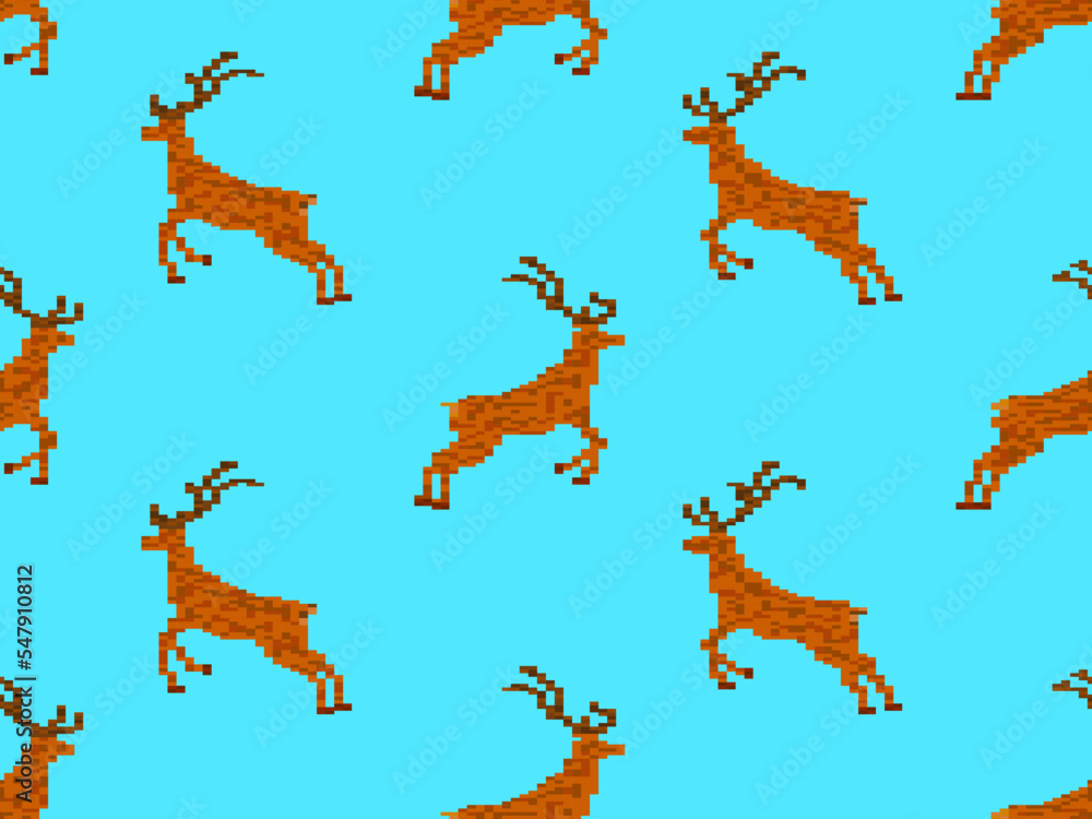 Seamless pattern with pixel deer on a blue background. 8-bit Christmas ...