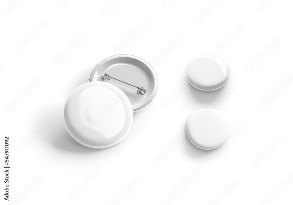 Blank white round badge mockup, different views Stock Illustration ...