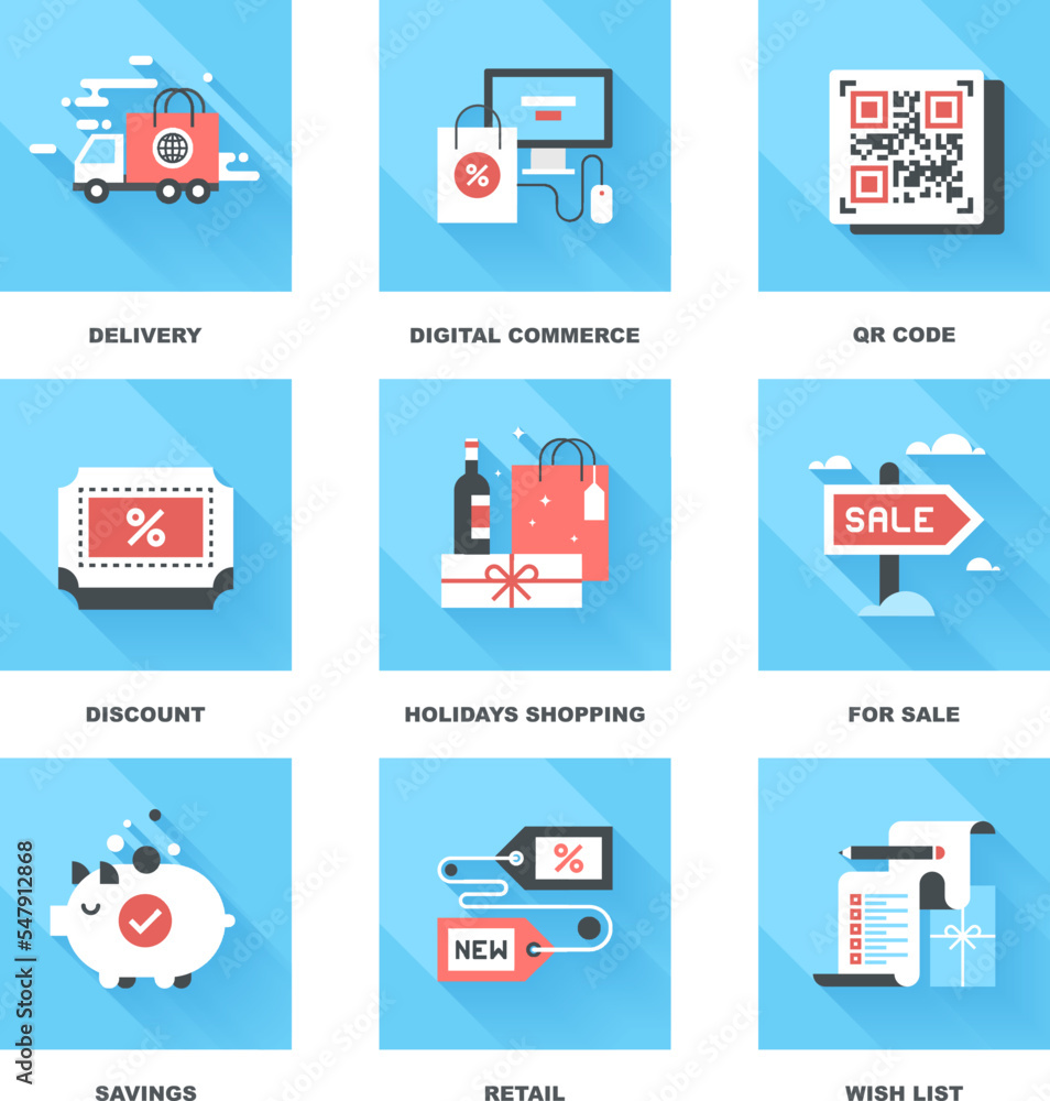Vector set of flat shopping and commerce icons. Icon pack includes ...
