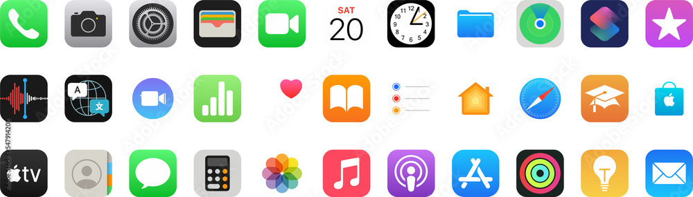 Set of Apple apps. Vector editorial illustrations. PNG image Stock ...