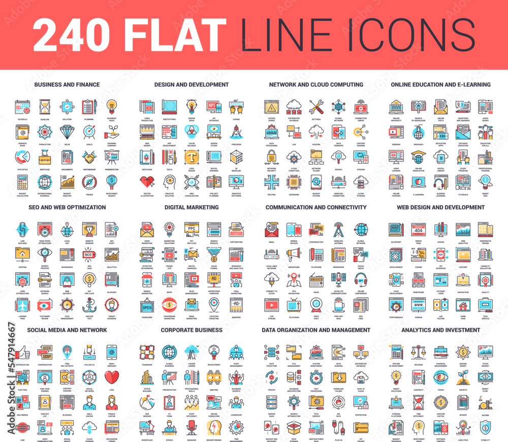 Vector set of 240 64X64 pixel perfect flat line web icons. Fully ...