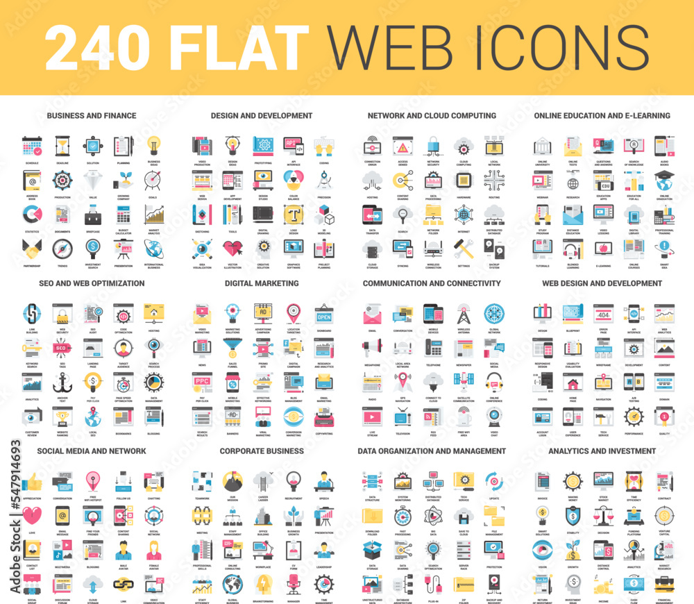 Vector set of 240 64X64 pixel perfect flat web icons. Fully editable ...