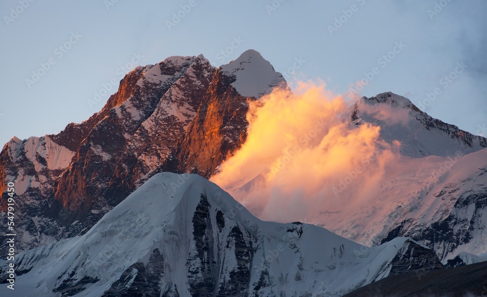Mount Everest Lhotse and Lhotse Shar from Barun valley Stock Photo ...