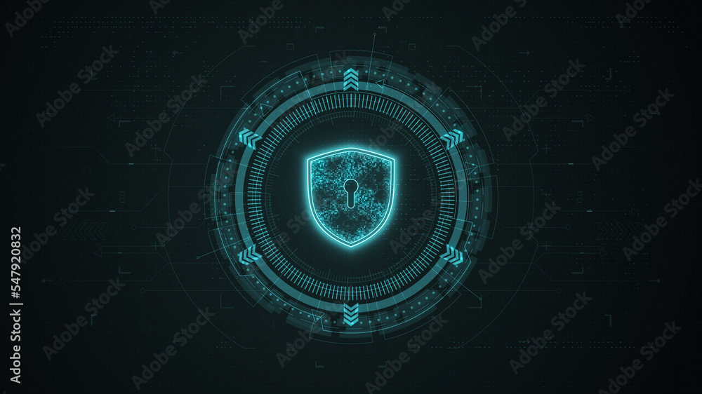 Blue digital security shield logo with rotation HUD UI circle ...