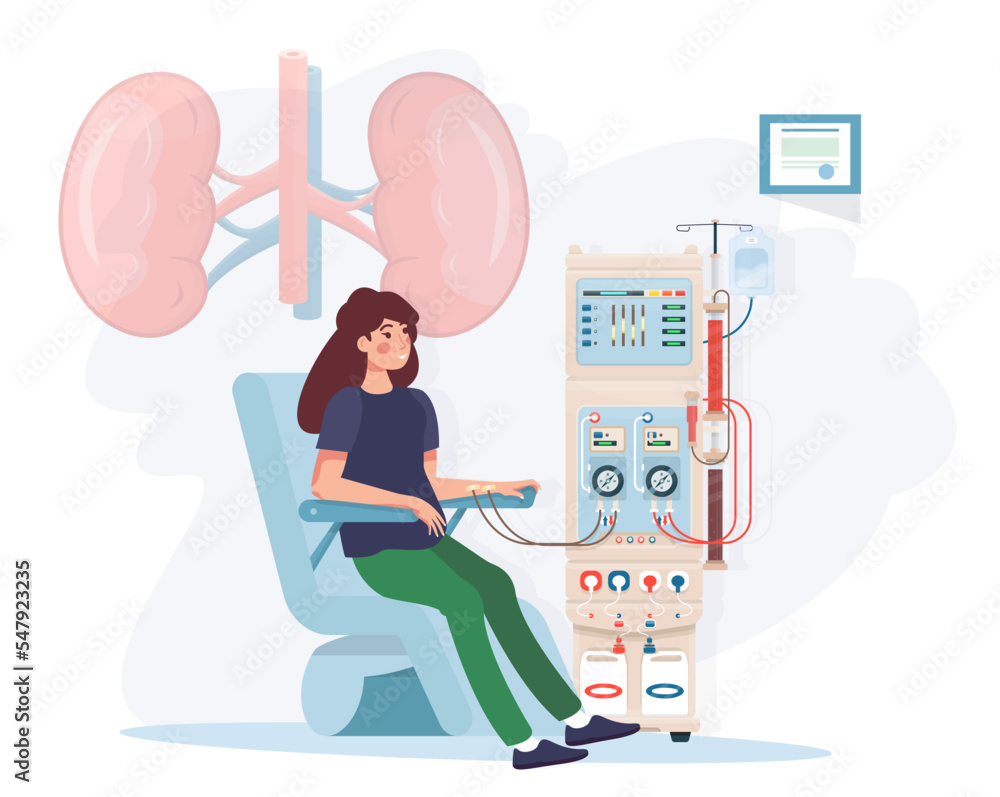 Woman sitting in chair on hemodialysis therapy. Hemodialysis equipment ...