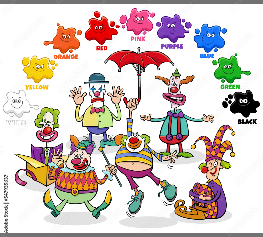 basic colors for children with group of cartoon colorful clowns Stock ...