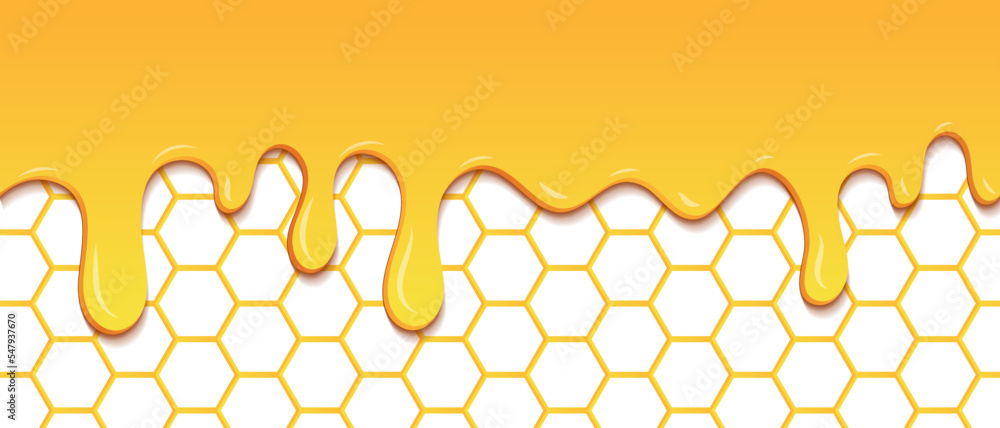 Yellow pattern with honeycomb and honey drips. Dripping honey seamless ...