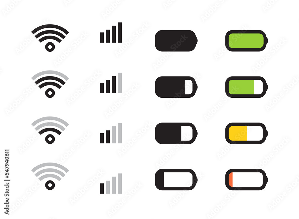 mobile phone system collection icons, wifi signal strength, battery charge level, system symbols ...